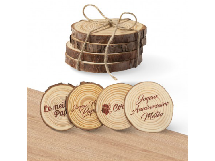 Set 4 Sous-Verres Personnalisés Bois Naturel | GRAVURE&COMPAGNIE